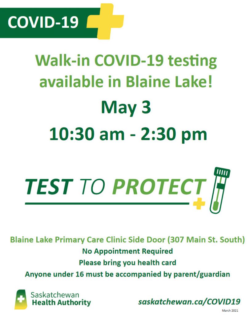 Walk-In Testing – May 3rd – RM Leask 464