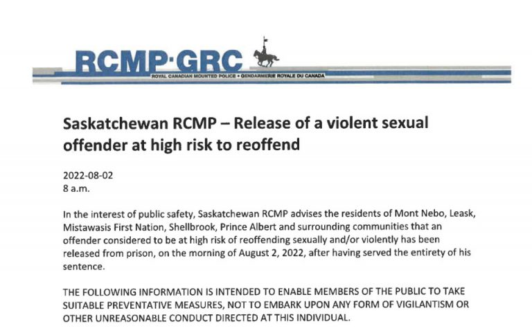 Dangerous Offender Risk – RCMP Release – RM Leask 464