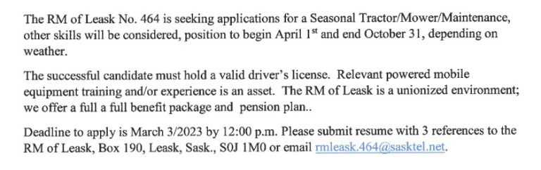 Seasonal Tractor/Mower Maintenance 2023 – RM Leask 464